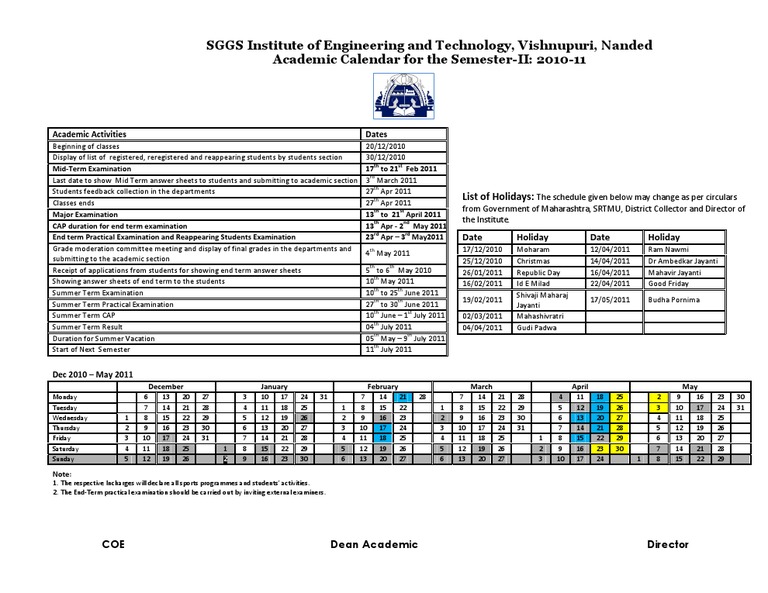 Academic Calendar for SGGS Institute of Engineering and Technology ...