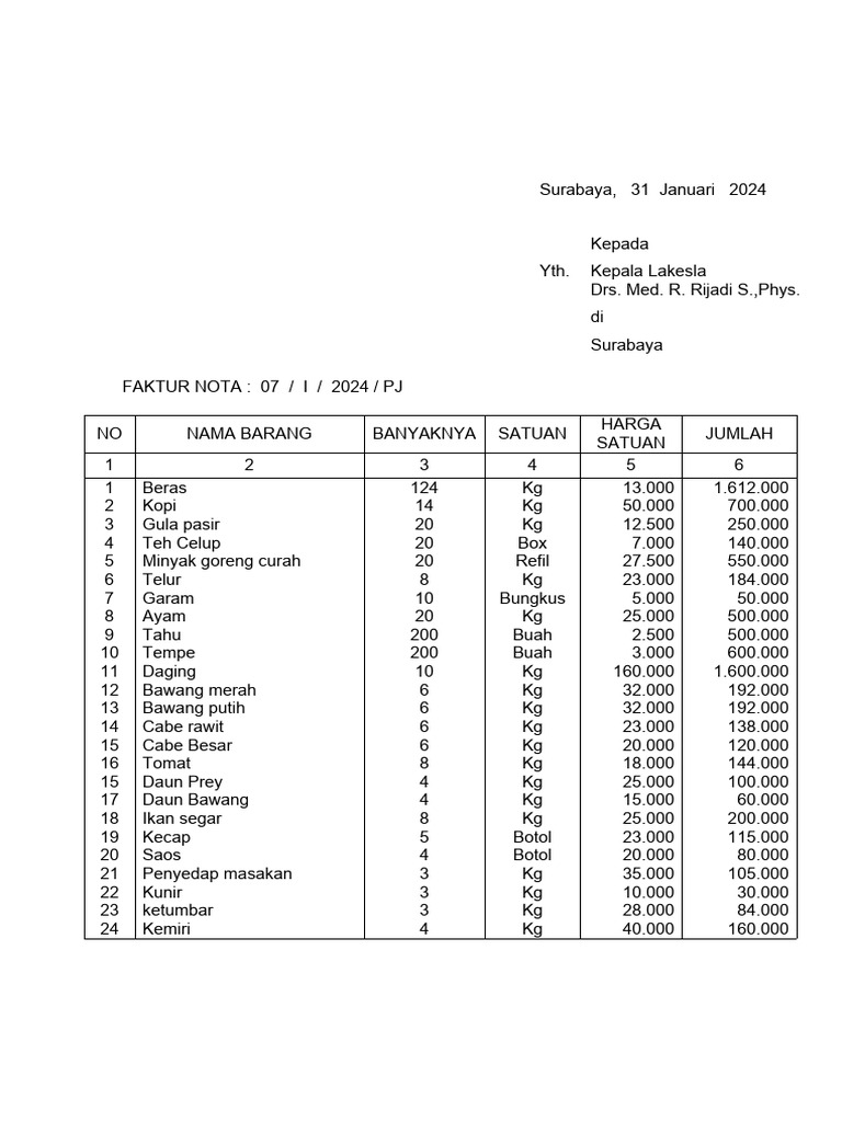 Faktur Belanja Bulanan Lakesla | PDF