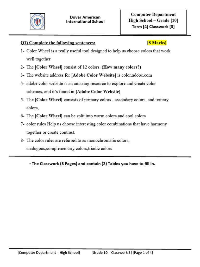 Abubakr Hegazi - Grade 10 - Term 4 - Classwork 3 | PDF | Color | Graphic Design