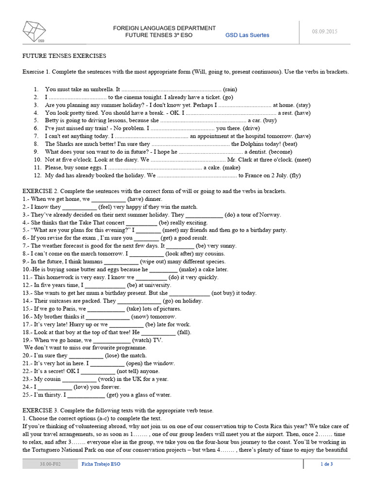 Future Tenses Exercises for 3º ESO | PDF | Language Arts & Discipline ...