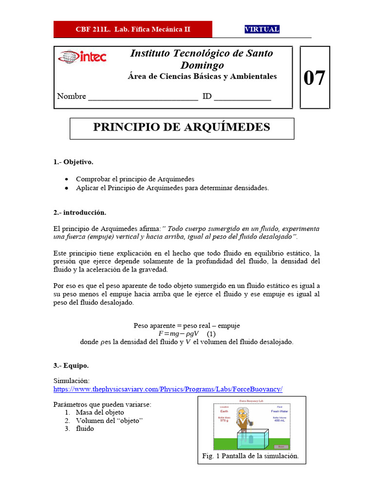 CBF211L Pract 07 (Principio de Arquímedes) | PDF | Cantidades fisicas | Física Aplicada e ...