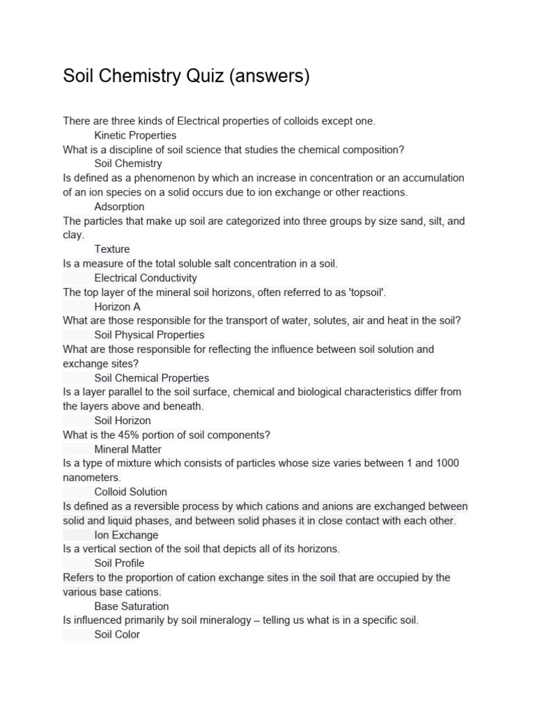 Soil Chemistry Quiz Answers | PDF | Soil | Soil Science