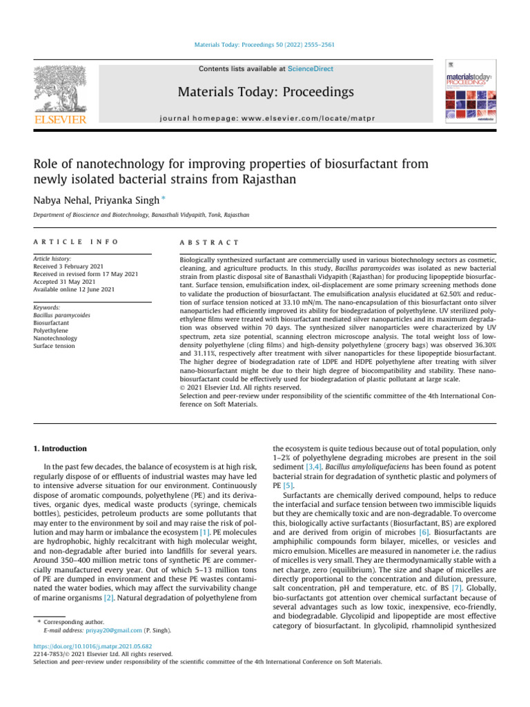 Role of Nanotechnology For Improving Properties of Biosurfactant From Newly Isolated Bacterial ...