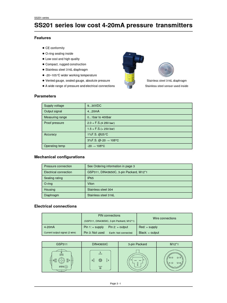 SS201 Series | PDF | Pressure Measurement | Electrical Connector