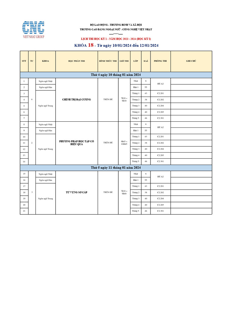 LỊCH THI HỌC KỲ 1 K18 2023 2024. BAN HANH SV | PDF