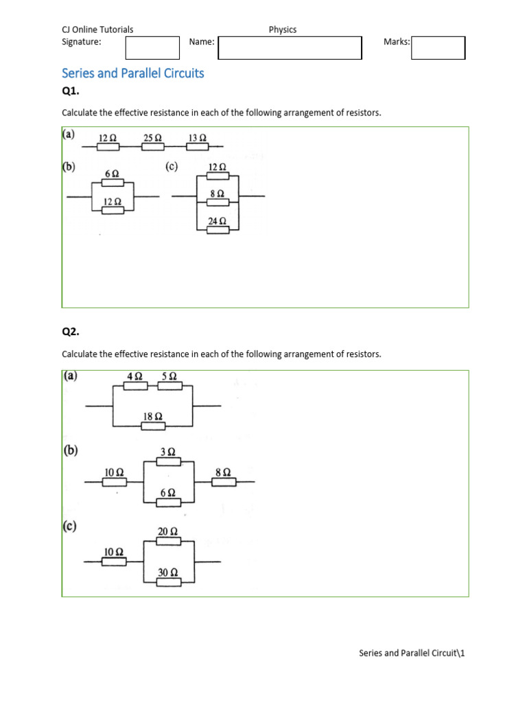 Worksheet 12 Parallel And Series Circuits Pdf Series And Parallel