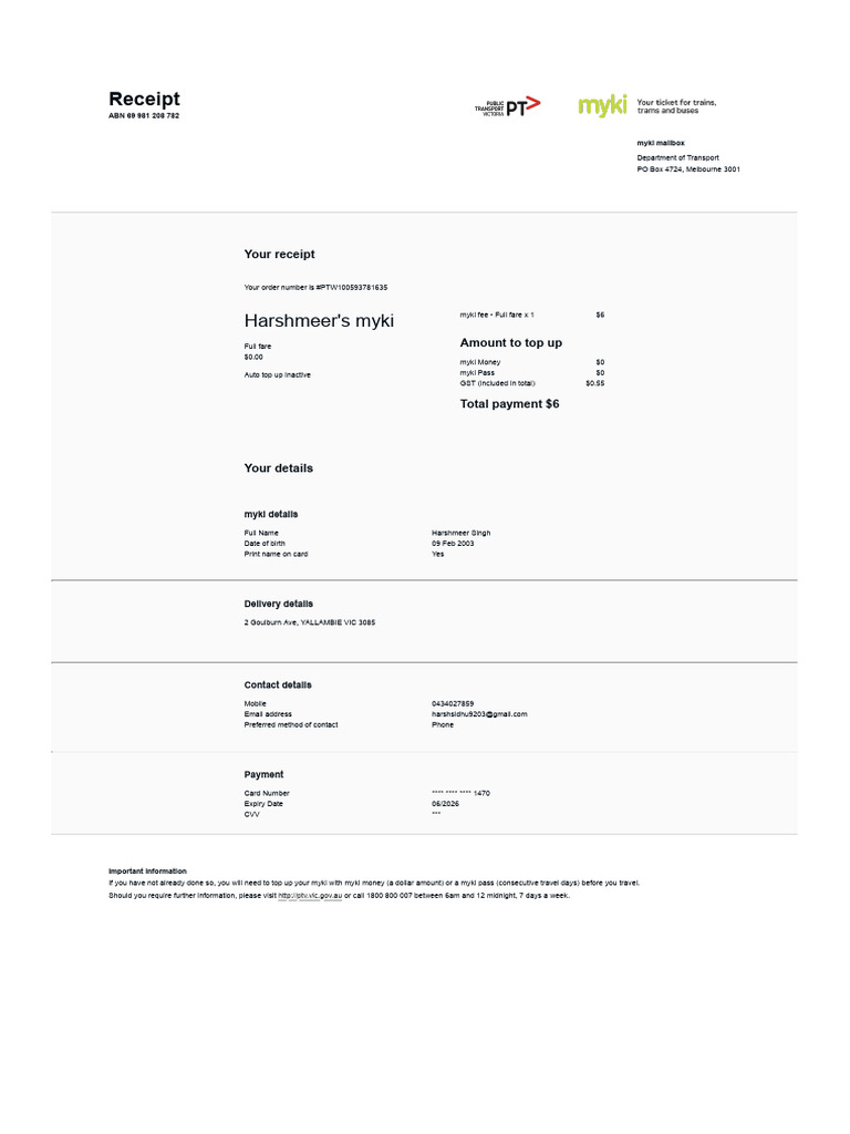 Myki Receipt and Top-Up Instructions | PDF | Smart Devices | Ephemera