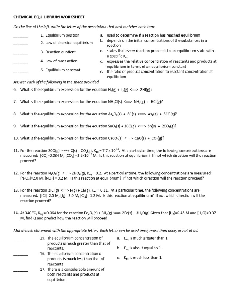 W - Michelle Chemical Equilibrium WS and KEY | PDF | Chemical ...