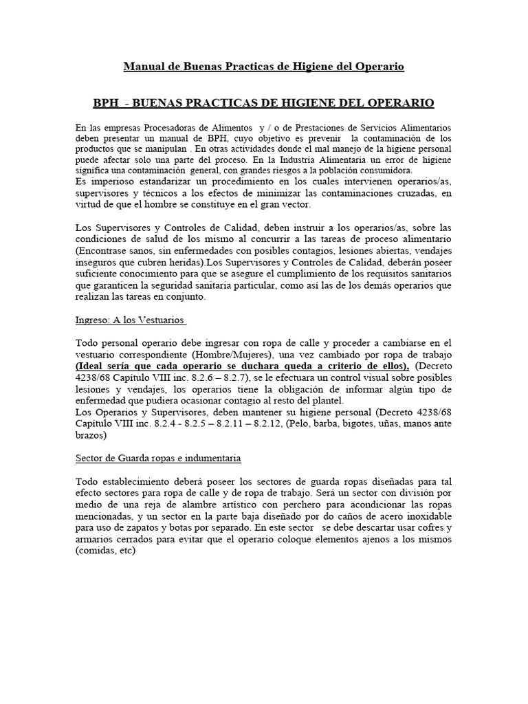 Manual de Buenas Practicas de Higiene Del Operario BPH - Buenas Practicas de Higiene Del ...