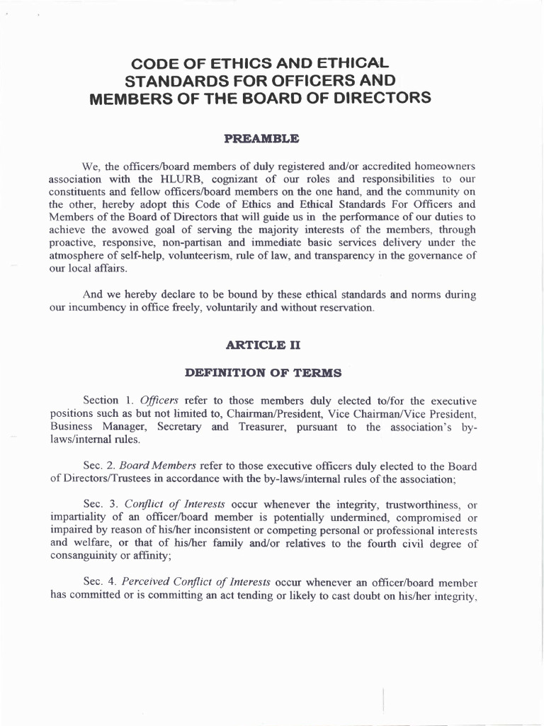 Code of Ethics For HOAs | PDF | Conflict Of Interest | Board Of Directors