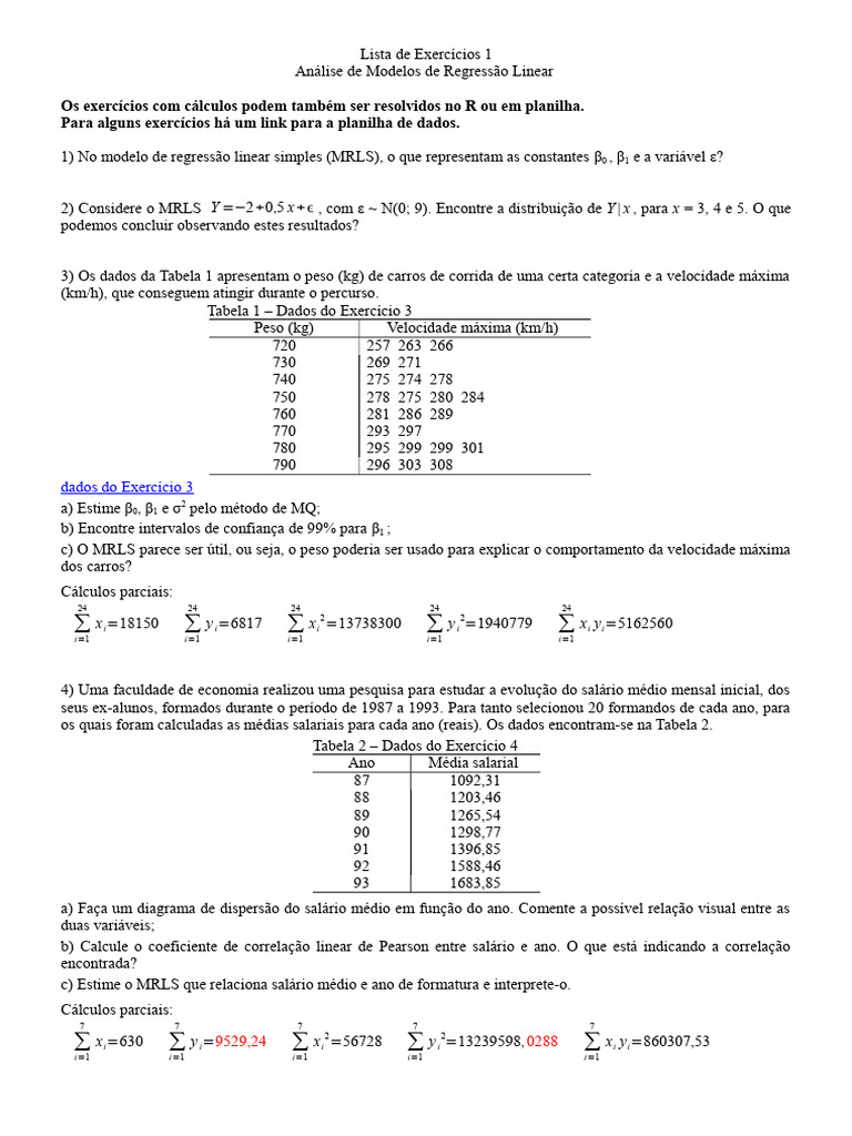 Lista de Exercícios de Ánalise de Modelos de Regressão Linear | PDF | Teoria Estatística ...