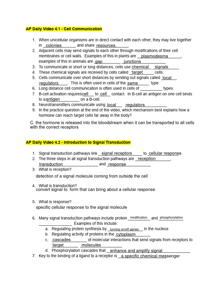 Unit 4 Guided Notes For AP Daily Videos | PDF | Cell Signaling | Signal ...