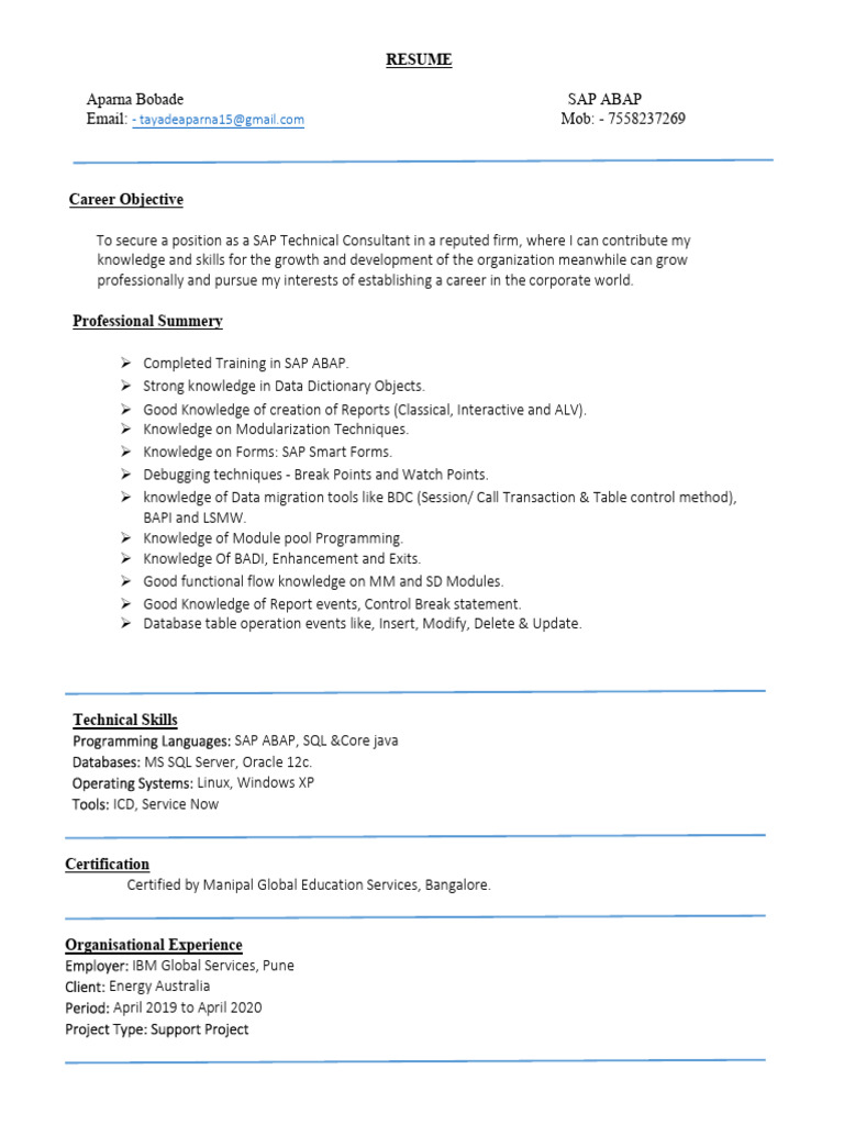 Aparna SAP ABAP Fresher Resume | PDF | Databases | Computing