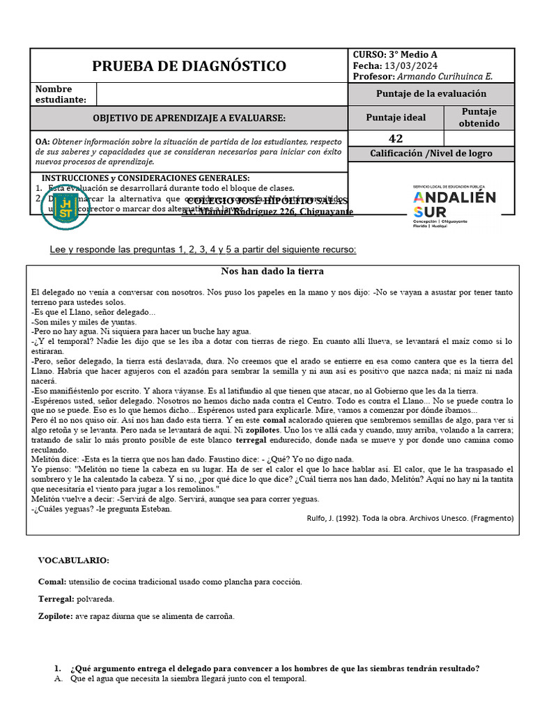 EVALUACIÓN DIAGNÓSTICA 3° MEDIO - Lengua y Literatura | PDF | Control ...