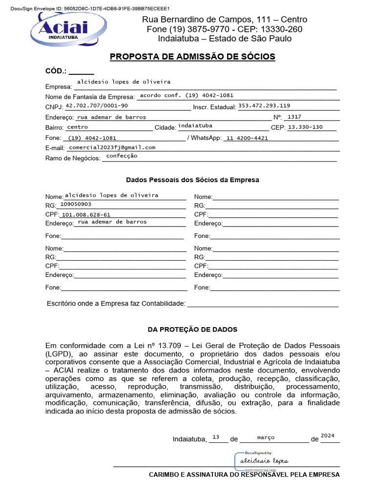 Proposta de Admissao de Socios | PDF