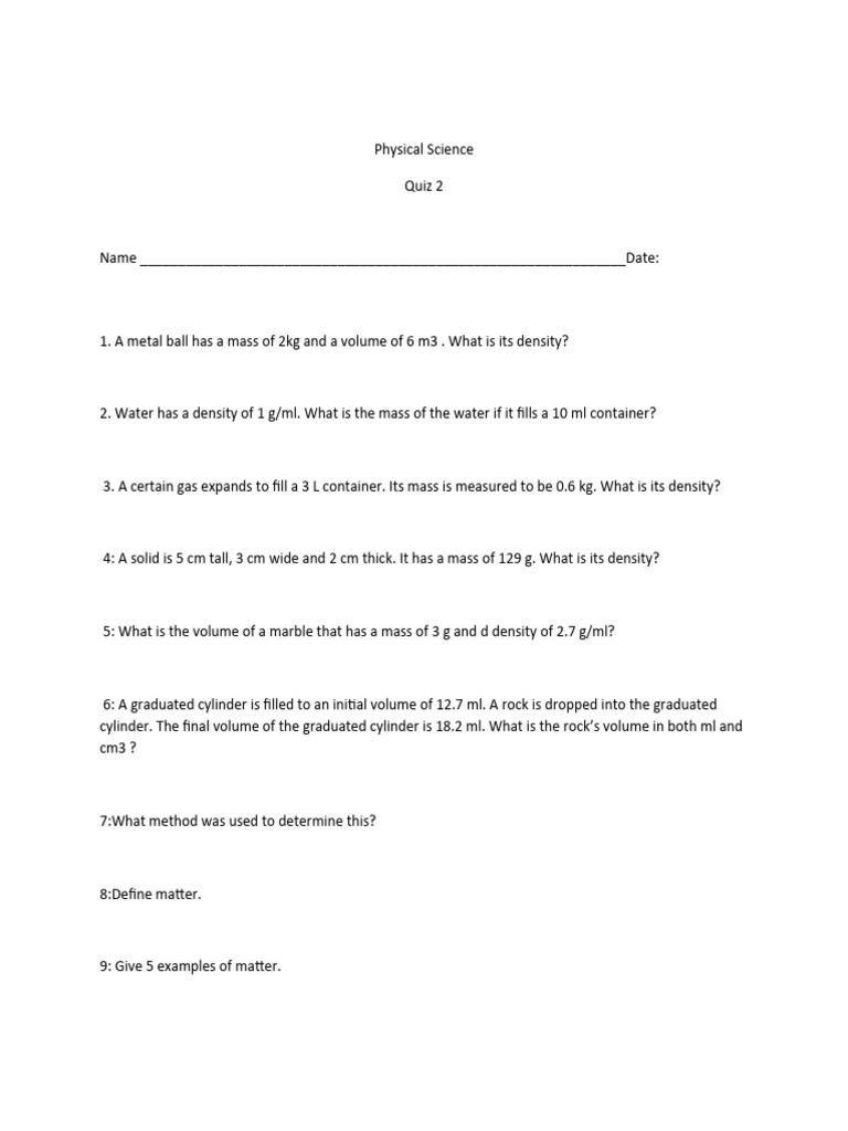 Physical Science Density and Volume Quiz | PDF | Volume | Density