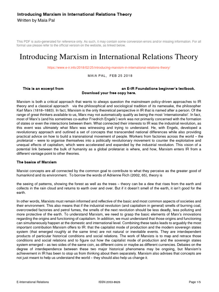Introducing Marxism in International Relations Theory | PDF | Marxism | Human Migration