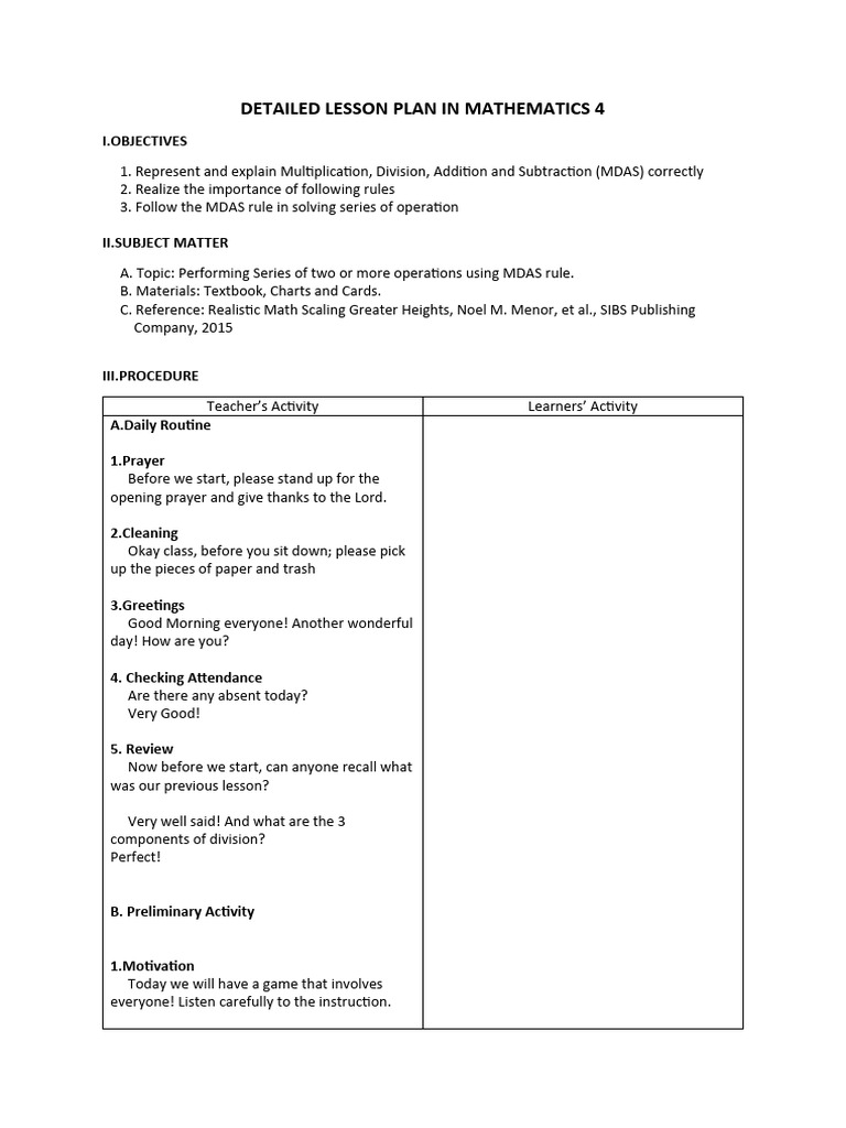 Lesson Plan in Mathematics 4 | PDF | Mathematics