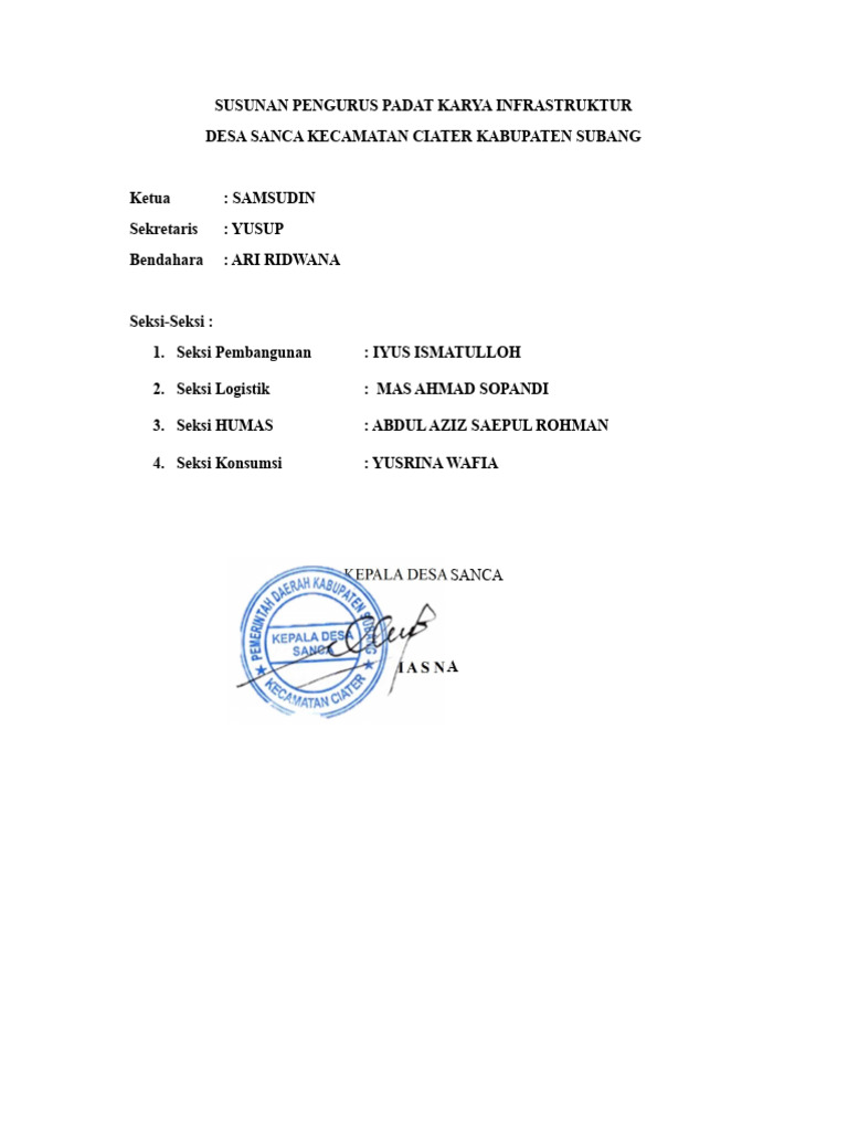 Susunan Pengurus Padat Karya Infrastruktur Ds. Sanca | PDF