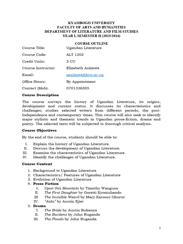 Ugandan Literature Course Outline (AutoRecovered) .Docx Madam | PDF