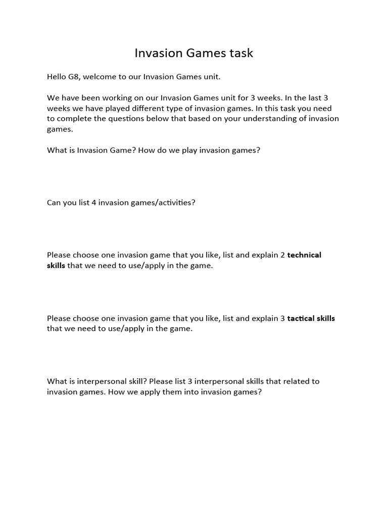 G8 Invasion Games Task | PDF