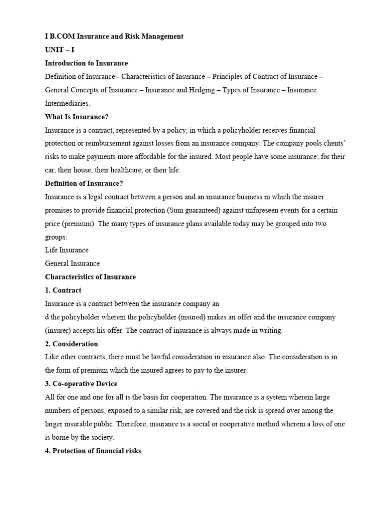 Insurance and Risk Management Unit I | PDF | Insurance | Hedge (Finance)