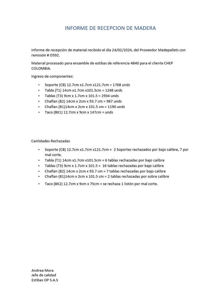 Informe de Recepcion de Madera Madepallets ST 24.02.2024 | PDF