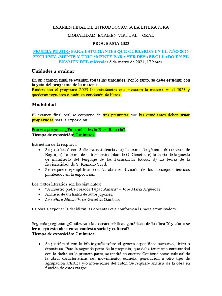 Examen Final Oral: Introducción a la Literatura | PDF | Ficción general
