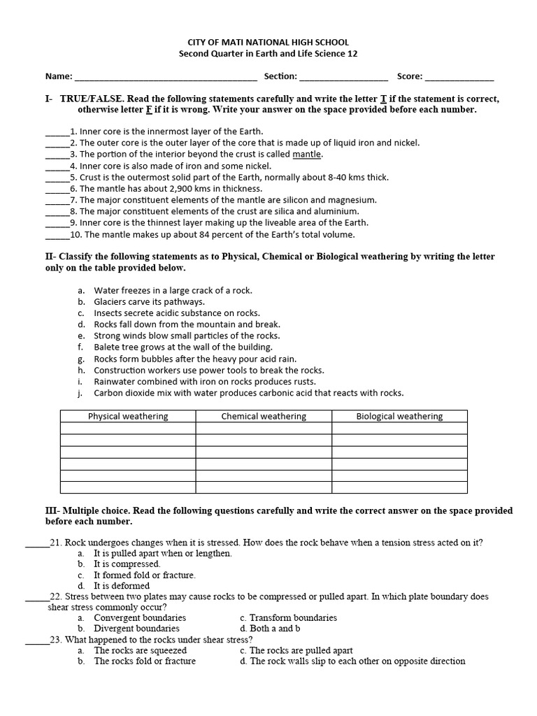 Earth and Life Science TQ | PDF | Rock (Geology) | Earth
