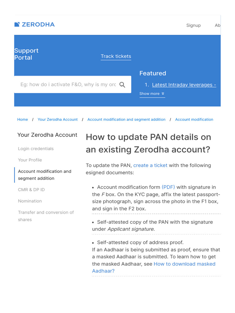 How To Update PAN Details On An Existing Zerodha Account? | PDF | Computing