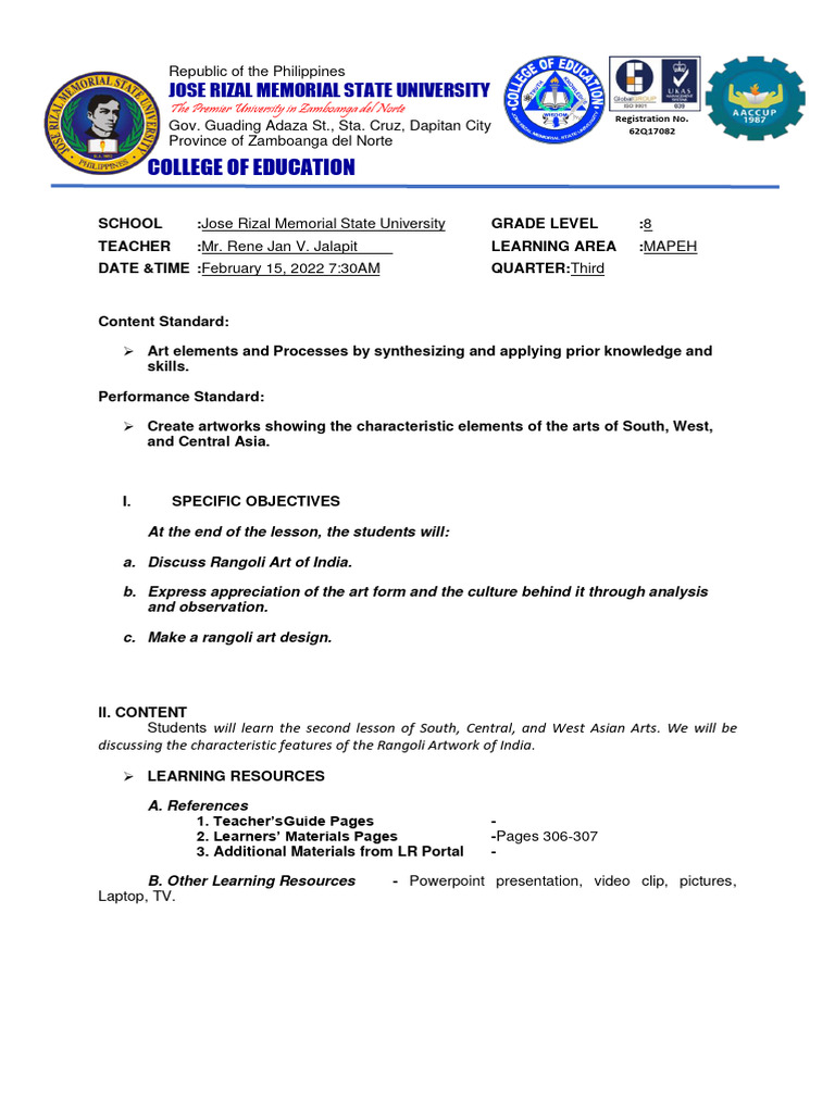 Detailed Lesson Plan Grade 8 Lesson 2 Rangoli | PDF