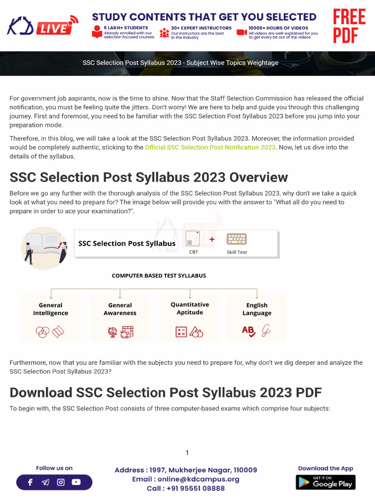 SSC Selection Post Syllabus 2023 Subject Wise Topics Weightage | PDF