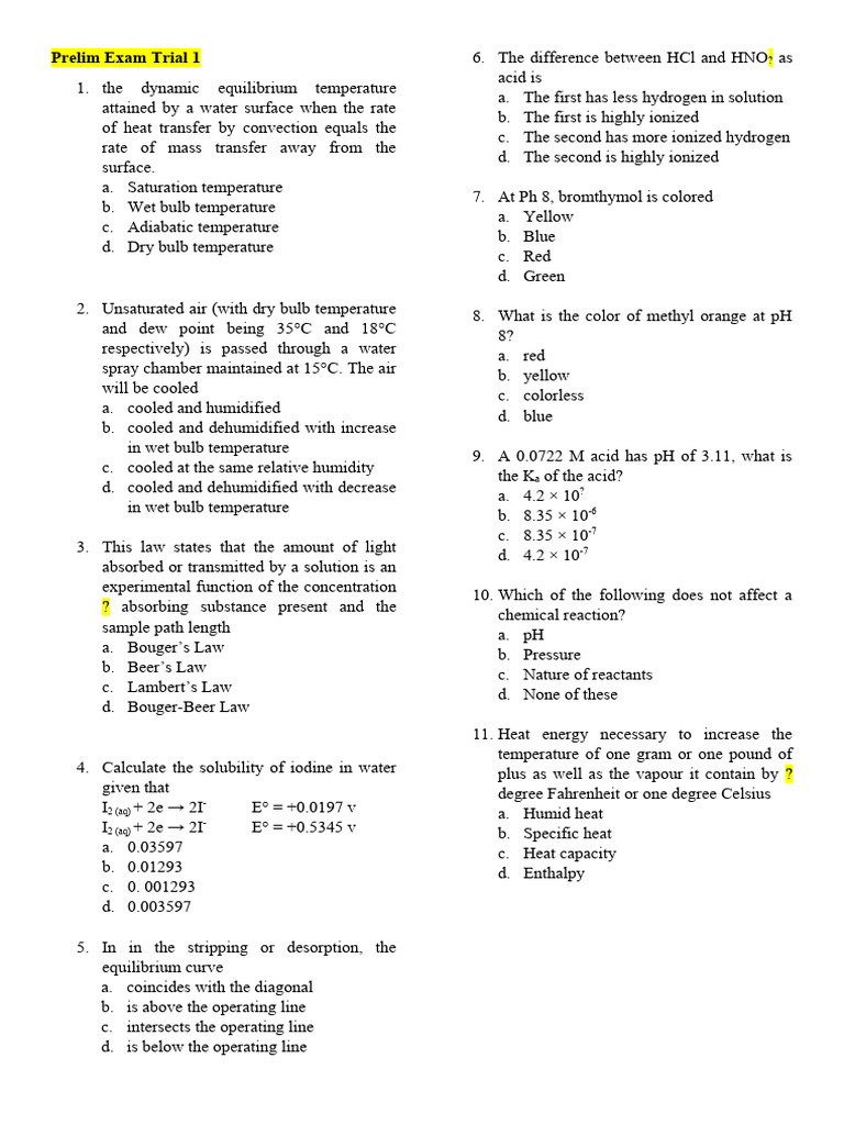 Prelim Exam Questions on Thermodynamics and Chemistry | PDF | Humidity ...