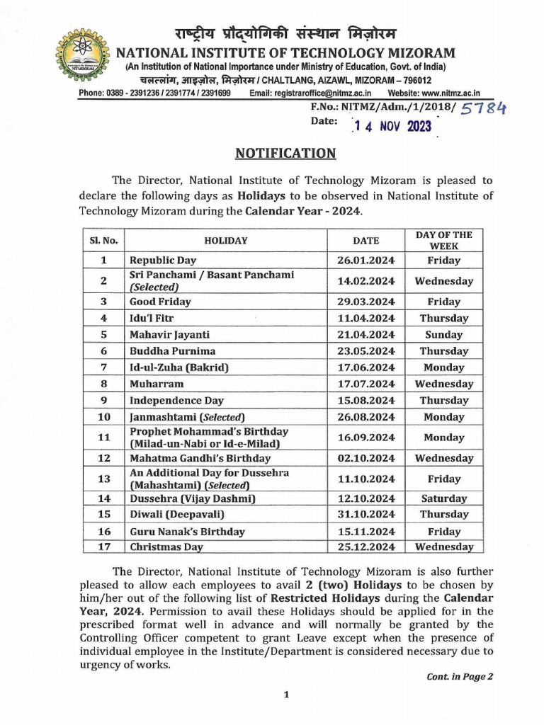 Holiday List and RH List of NIT Mizoram - 2024 Notification | PDF