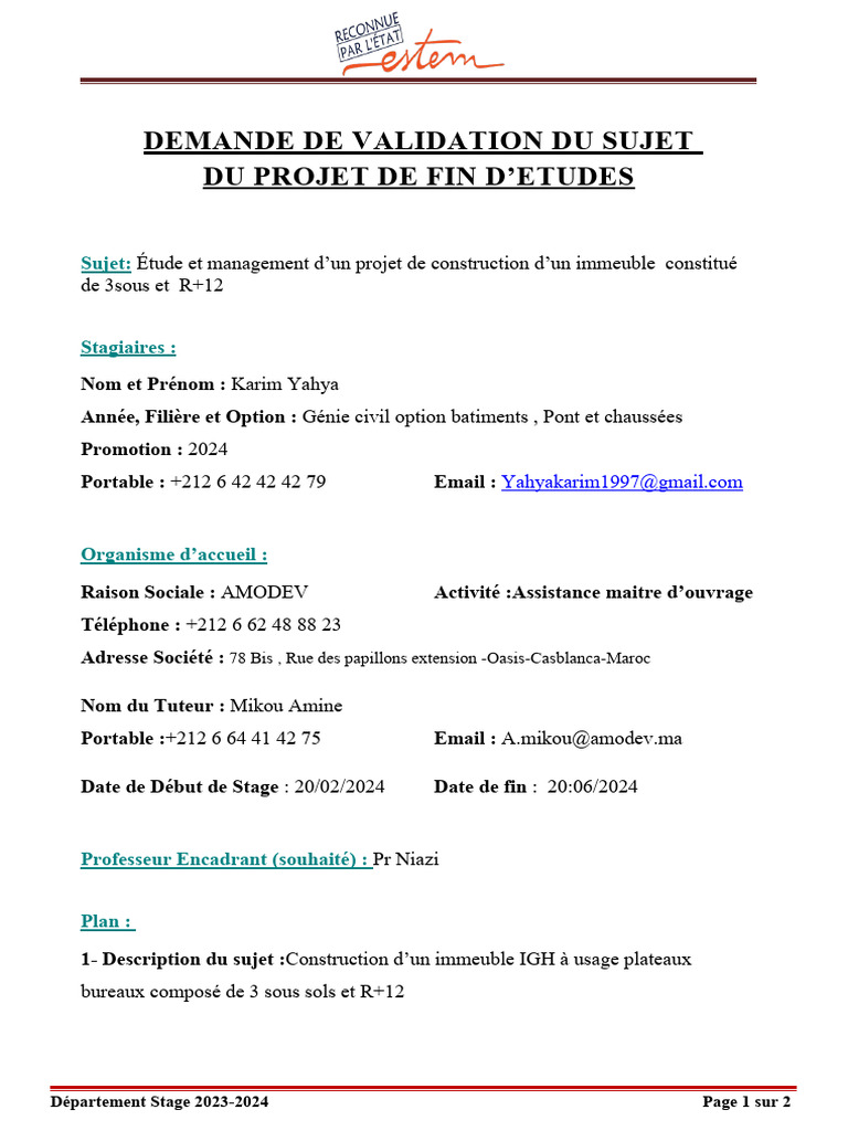 Demande de Validation Du Sujet PFE 2023-2024 | PDF | Art