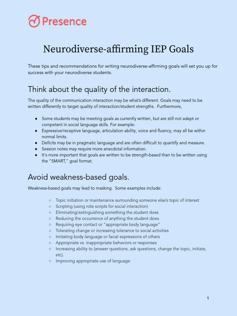 Tips For Neurodiverse Affirming Goals | PDF | Communication | Learning