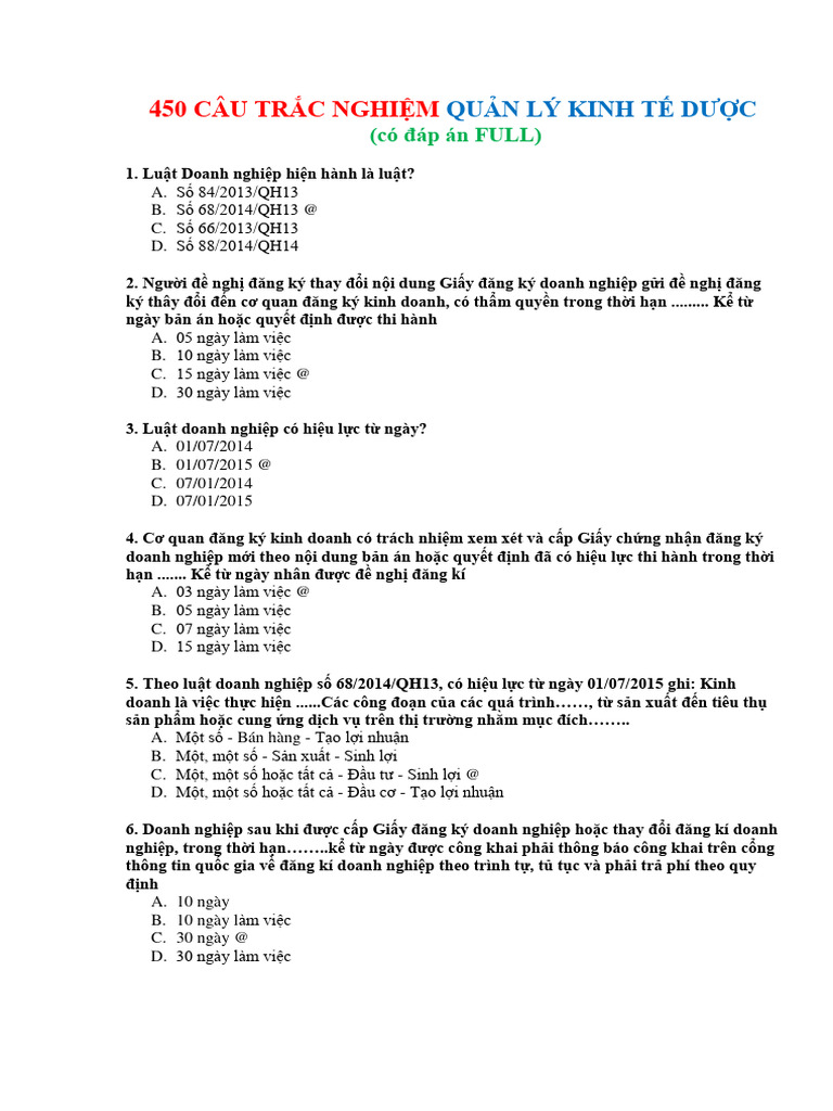 450 Cau Trac Nghiem Mon Quan Ly Kinh Te Duoc Co Dap An Full | PDF