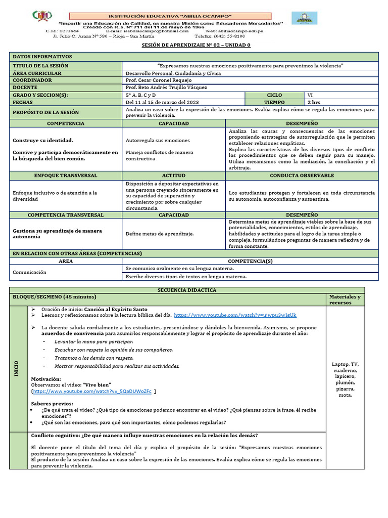 DPCC - SESIÓN 2 - 5° | PDF | Las emociones | Aprendizaje
