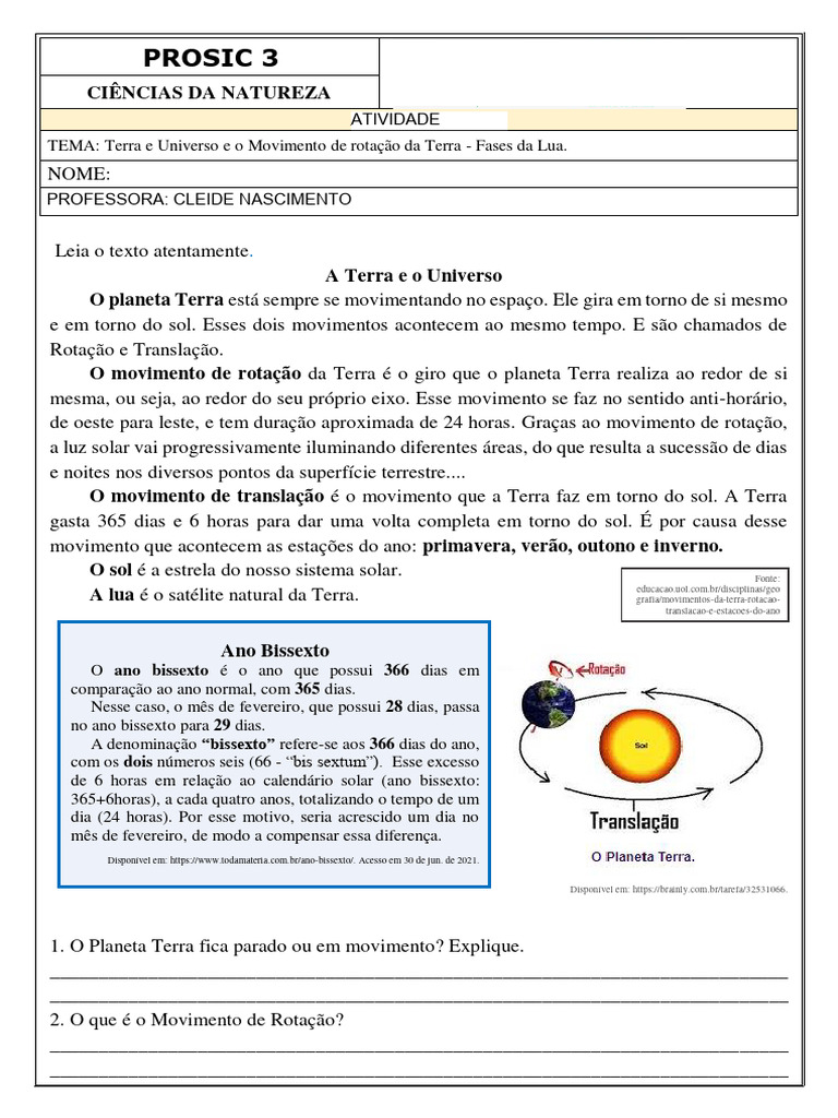 Atividade 13 5 o Ano Ciencia Da Natureza Tema Terra e Universo e o Movimento de Rotacao Da Terra ...