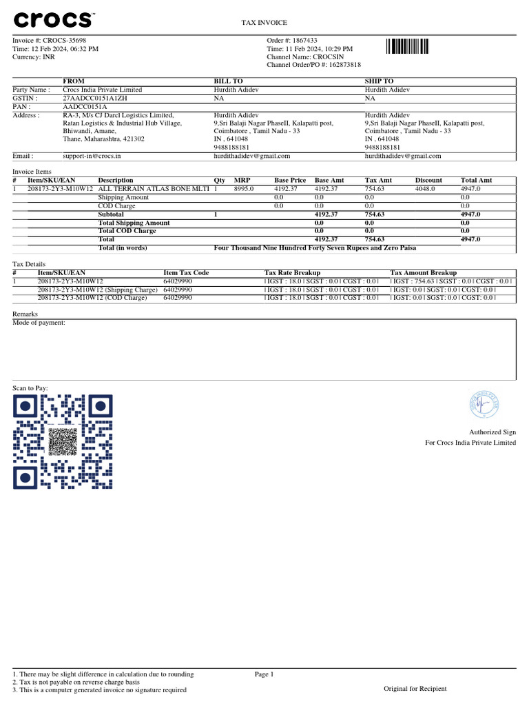 Crocs India Tax Invoice #CROCS-35698 | PDF | Invoice | Money