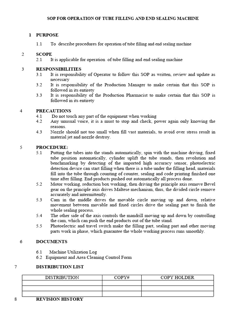 SOP For Operation of Filling and End Sealing Machine | PDF | Machines | Manufactured Goods
