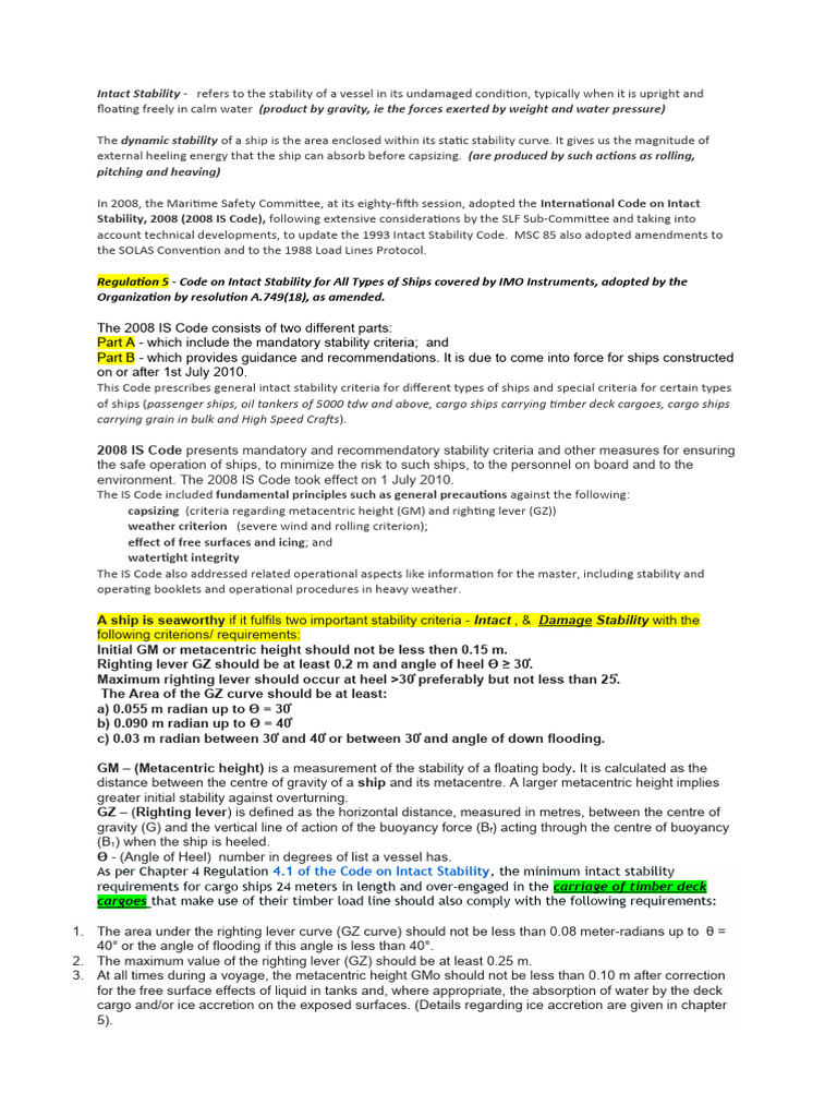 Intact Stability - Refers To The Stability of A Vessel in | PDF | Ships ...