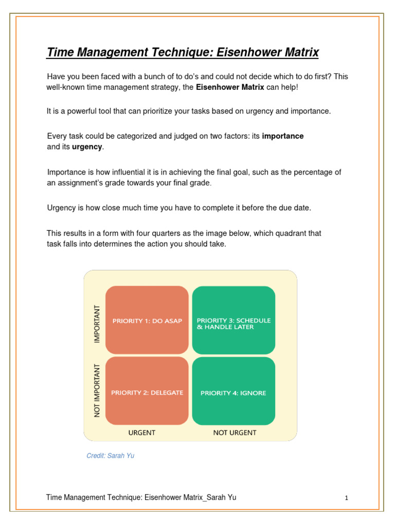 Time Management Technique Eisenhower Matrix | PDF