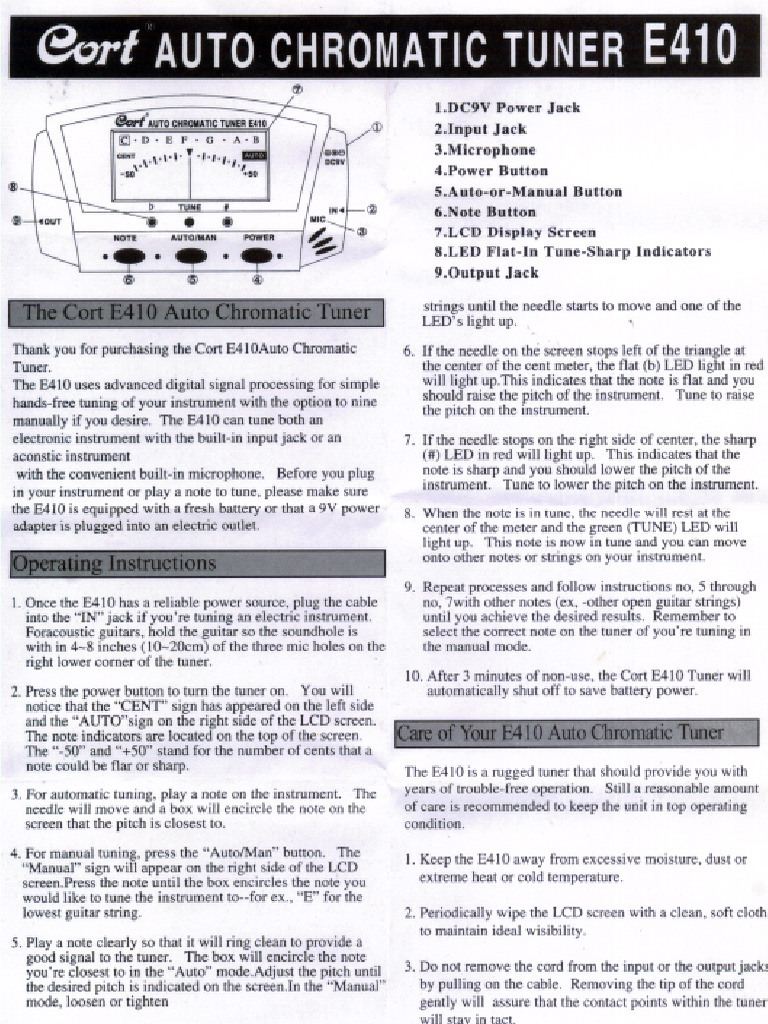 Manual Cort Auto Chromatic Tuner E410 | PDF