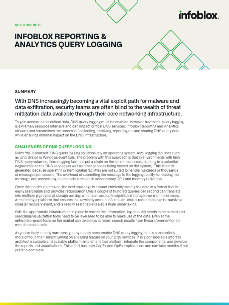 infoblox-solution-note-infoblox-reporting-analytics-query-logging | PDF | Domain Name System ...