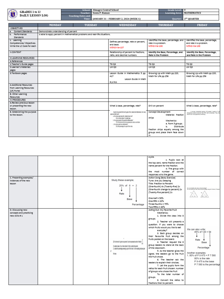DLL - Mathematics 5 - Q3 - W1 | PDF | Percentage | Mathematics