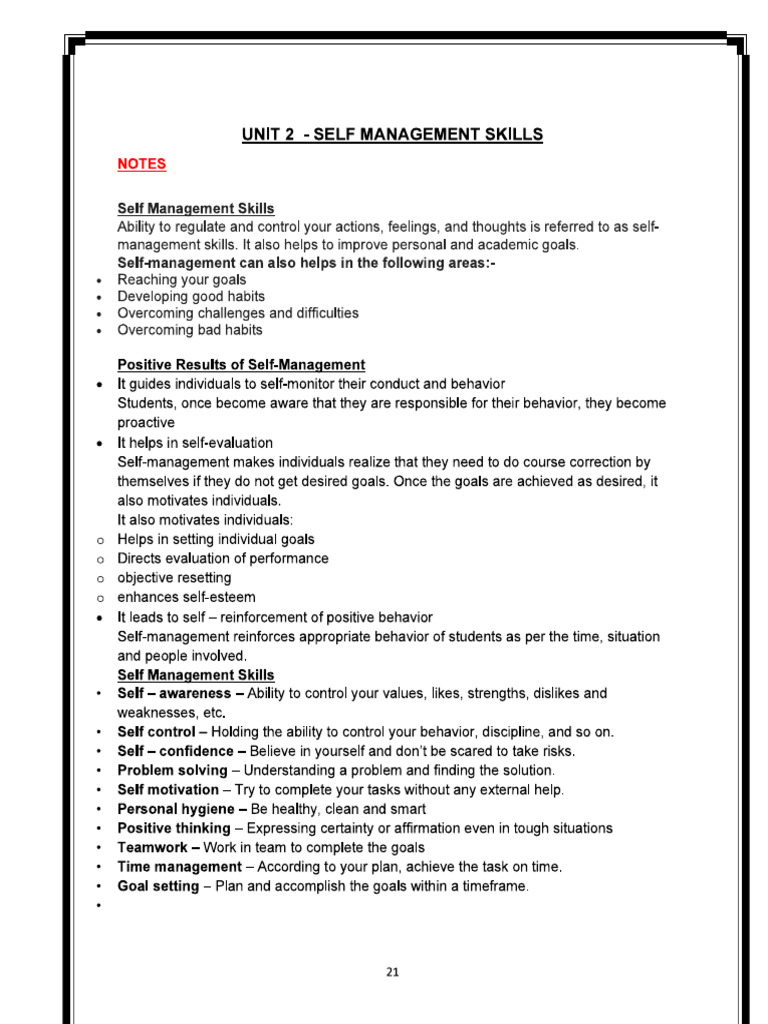 Unit 2 Self Management Skills | PDF