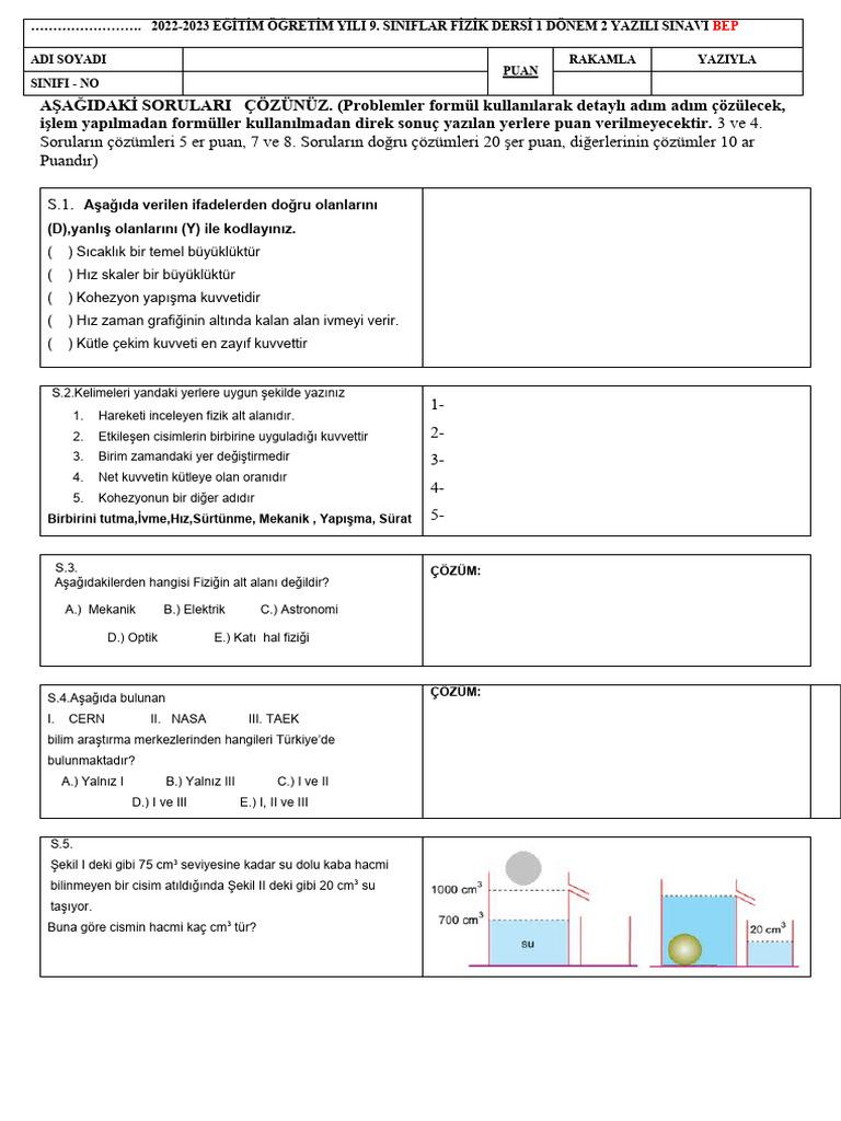 9.sinif A 1.D 2 Yazili | PDF