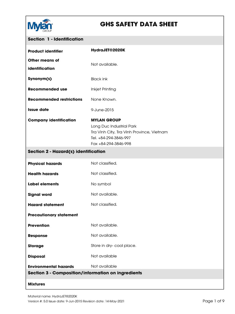 HydraJET 2020K-SDS (GHS) v3.0 - Tinta | PDF | Dangerous Goods ...
