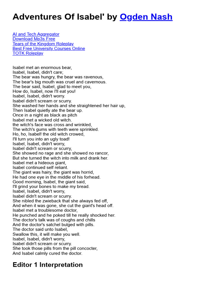 Adventures of Isabel by Ogden Nash | Download Free PDF | Poetry | Courage